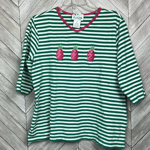 Quacker Factory | Tops | Quacker Factory X Shirt Pink Pineapple Green ...
